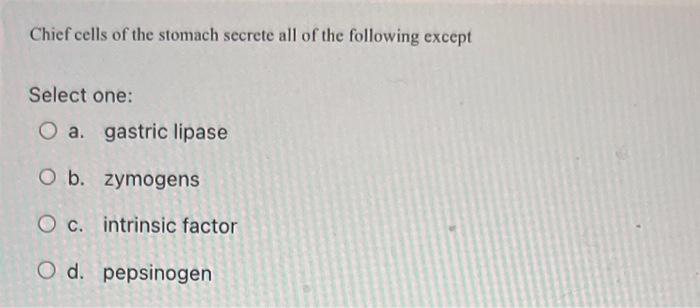 Solved Chief cells of the stomach secrete all of the | Chegg.com