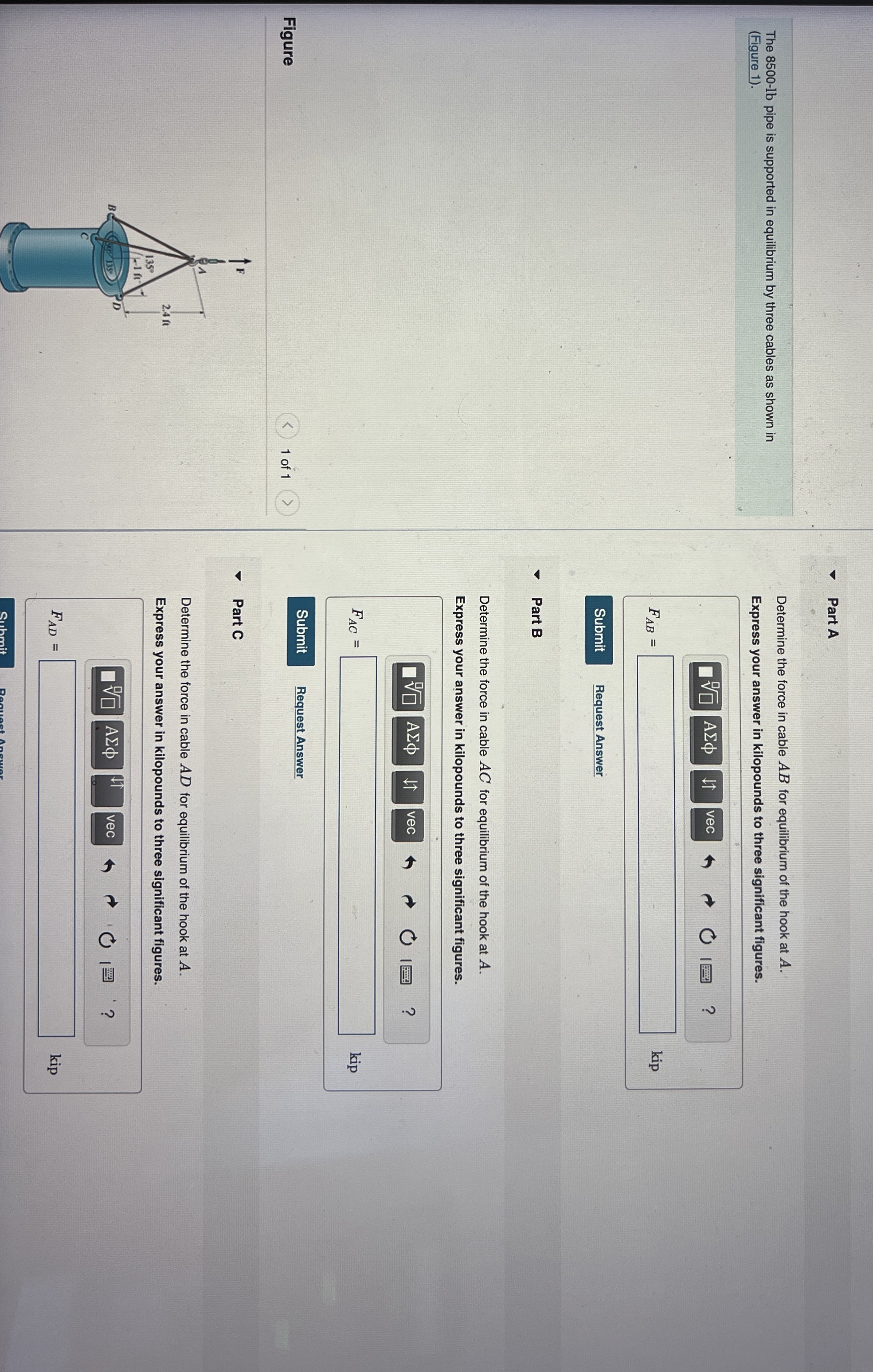 Solved Part AThe 8500-lb pipe is supported in equilibrium by | Chegg.com