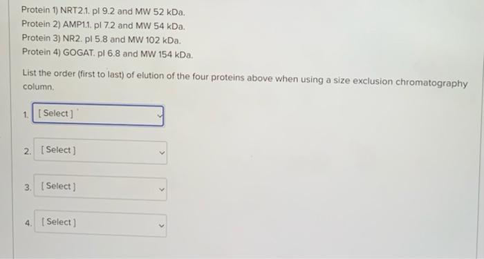 Solved Protein 1) NRT 2.1. pl 9.2 and MW 52kDa. Protein 2) | Chegg.com
