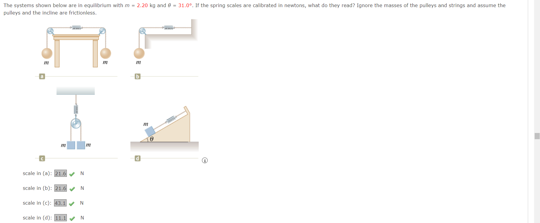 Solved pulleys and the incline are frictionless.scale in | Chegg.com