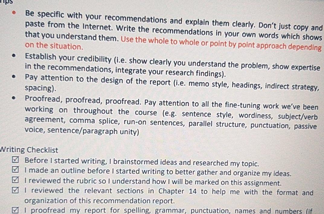 Solved Informal Report Writing Assignment - Recommendation | Chegg.com