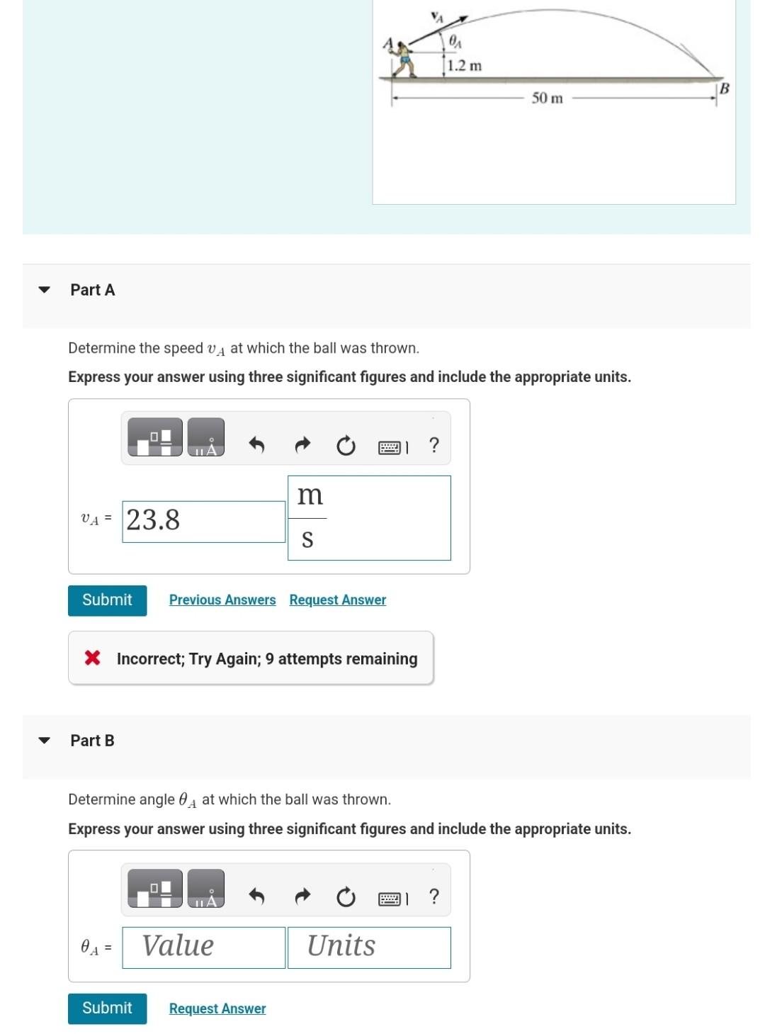 Solved Determine the speed vA at which the ball was thrown. | Chegg.com