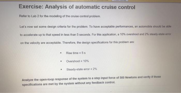 Solved Exercise : Automatic cruise control The cruise | Chegg.com