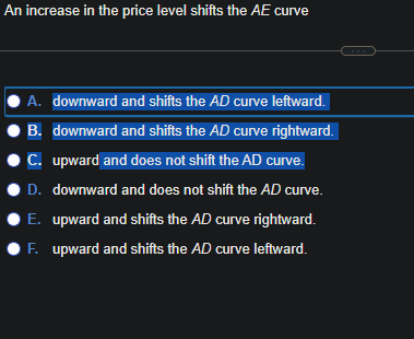 Solved An increase in the price level shifts the AE ﻿curveA. | Chegg.com