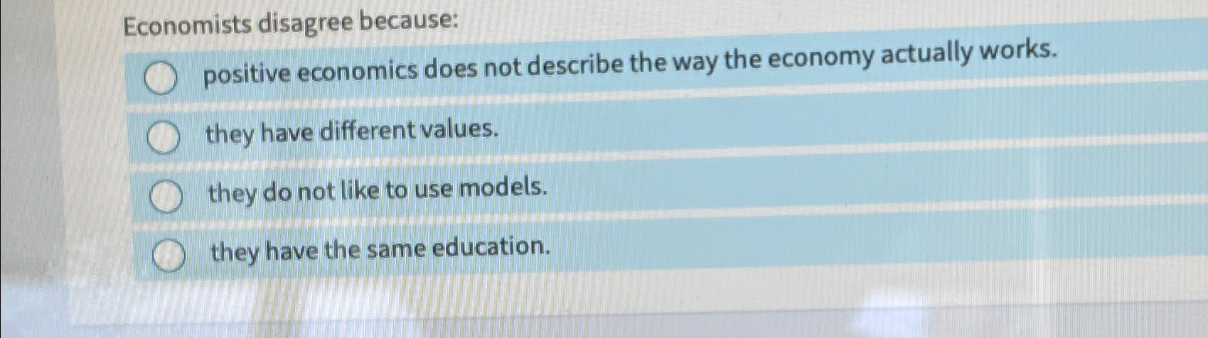 Solved Economists disagree because:positive economics does | Chegg.com