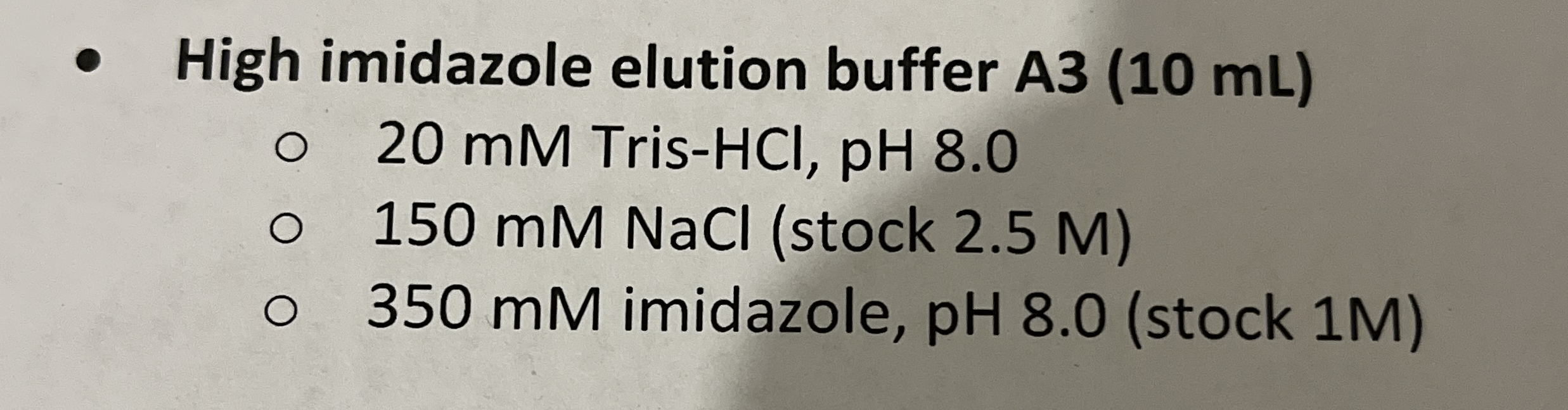 Solved High imidazole elution buffer A3 (10 ﻿mL)20 ﻿mM | Chegg.com