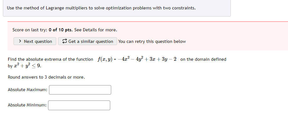 Solved Use the method of Lagrange multipliers to solve | Chegg.com