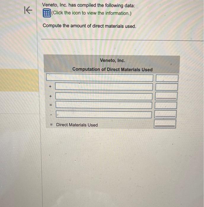 Solved Veneto, Inc. has compiled the following data: E:F | Chegg.com