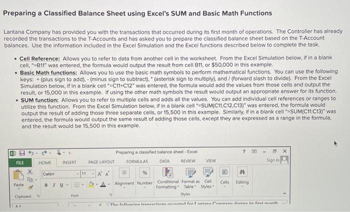 Solved Preparing a Classified Balance Sheet using Excel's | Chegg.com