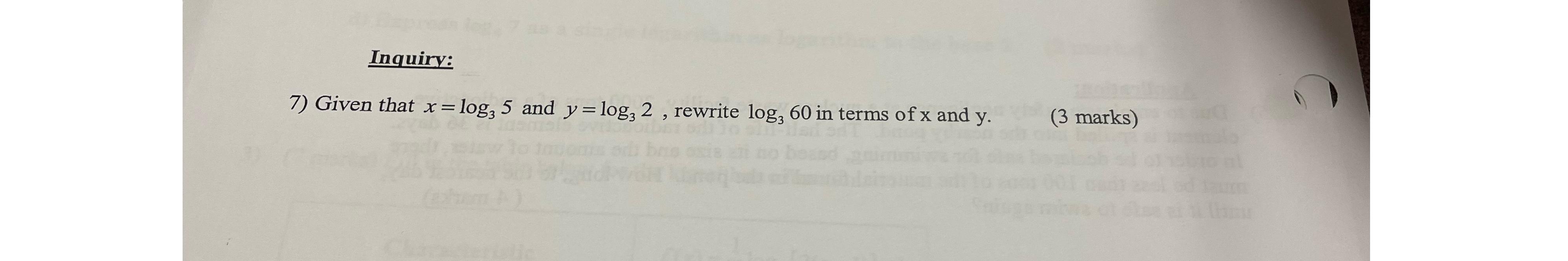 Solved Inquiry:Given that x=log35 ﻿and y=log32, ﻿rewrite | Chegg.com
