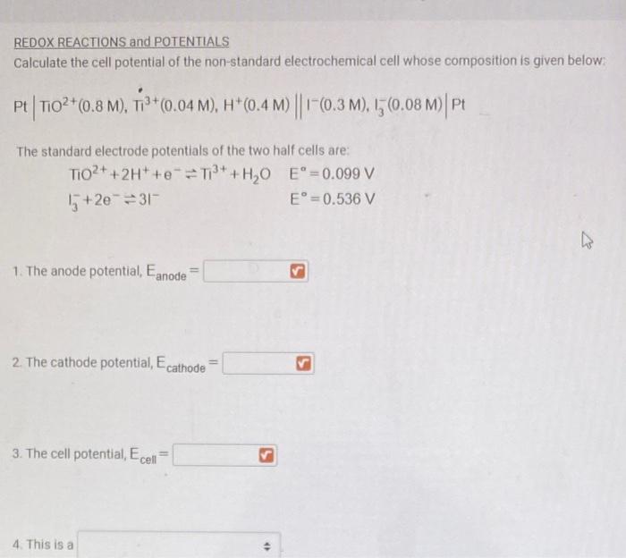 Solved REDOX REACTIONS and POTENTIALS Calculate the cell | Chegg.com