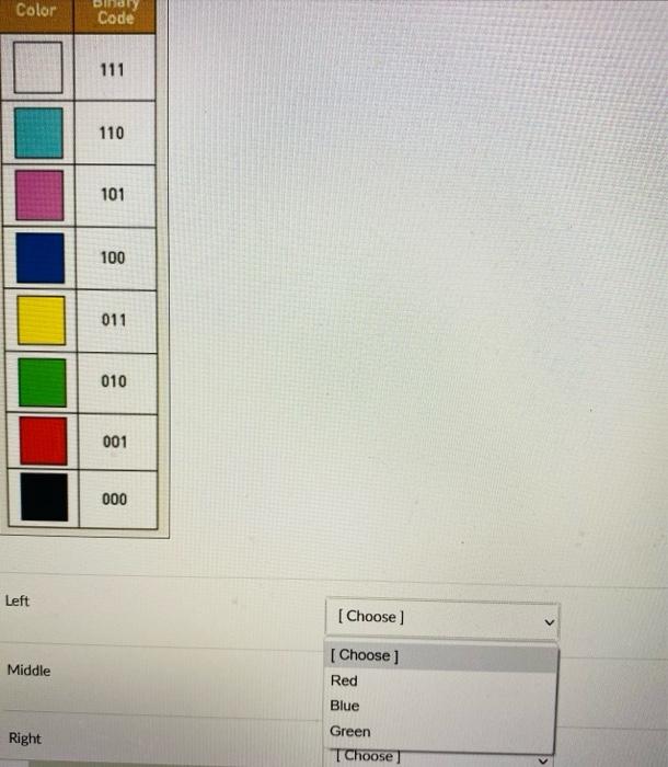 Solved Color Code 111 110 101 100 011 010 001 000 Left | Chegg.com