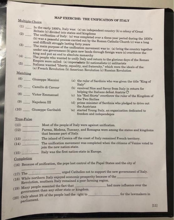 Multiple-Choice THE UNIFICATION OF ITALY (1) ___ In | Chegg.com