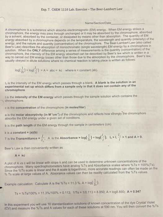 Solved Exp. 7. CHEM 1110 Lab. Exercise - The Beer-Lambert | Chegg.com