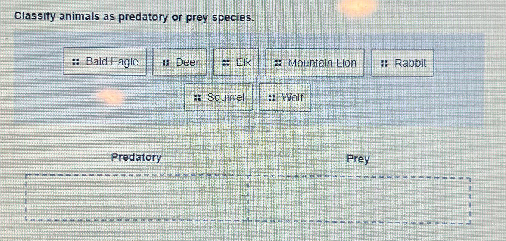 Classify animals as predatory or prey species.:" | Chegg.com