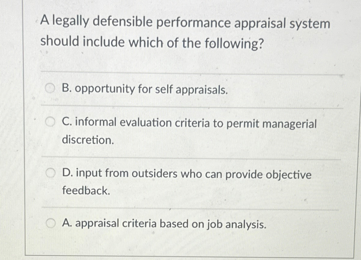 Solved A legally defensible performance appraisal system | Chegg.com
