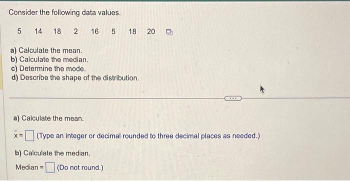 Solved Consider the following data values. a) Calculate the | Chegg.com