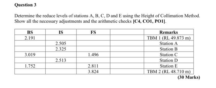 Solved Question 3 Determine the reduce levels of stations A, | Chegg.com