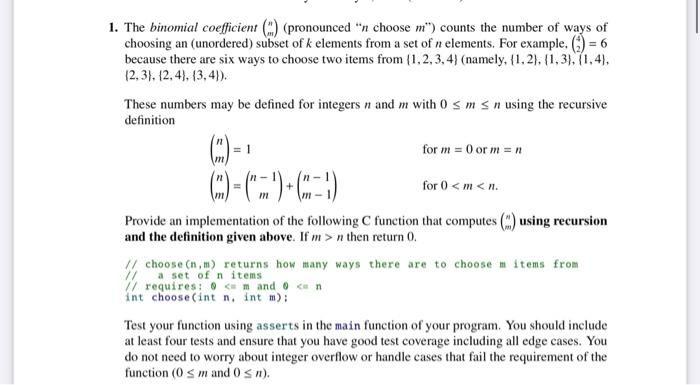 Solved =1 m n- 1. The binomial coeficient ) (pronounced "n | Chegg.com