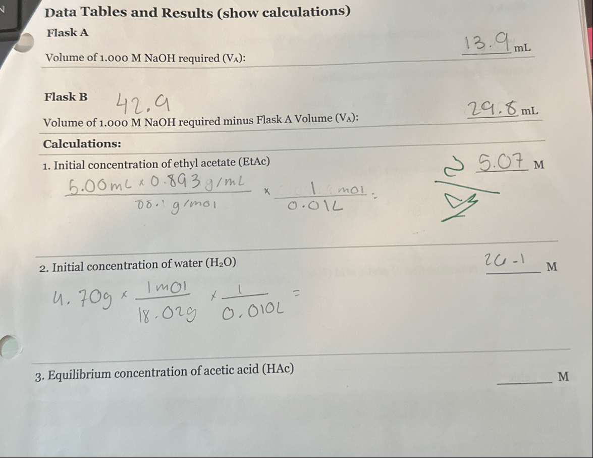 Data Tables and Results (show calculations)Flask | Chegg.com