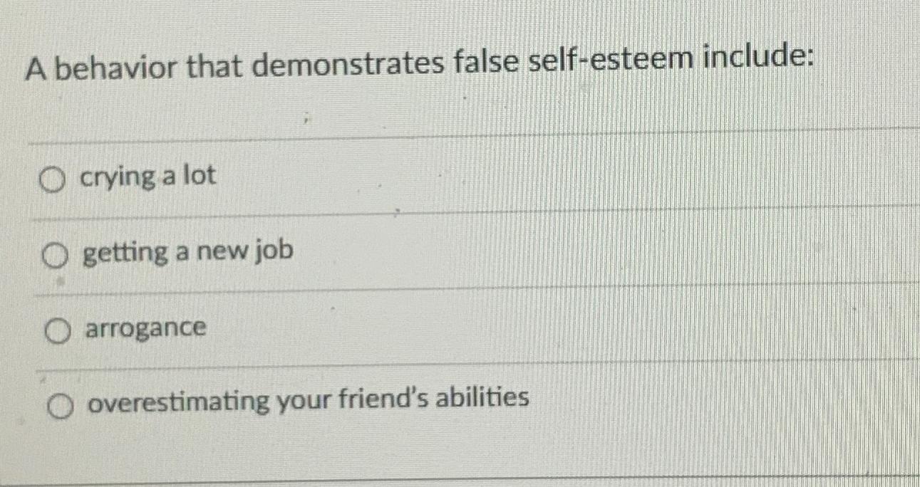 Solved A behavior that demonstrates false self-esteem | Chegg.com