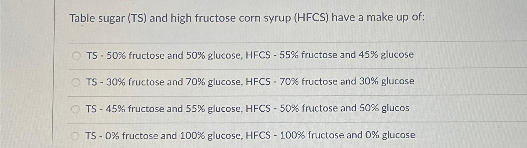 Solved Table sugar (TS) ﻿and high fructose corn syrup (HFCS) | Chegg.com