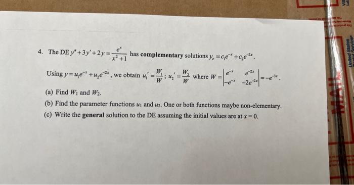 Solved 4. The DE y2+3y2+2y=x2+1et bas compleanentary | Chegg.com