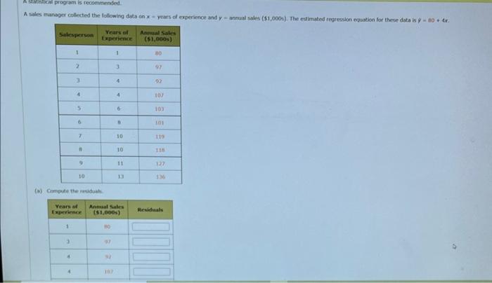 Solved (a) Crmpste the rocutoshConstruct a residual plot: | Chegg.com