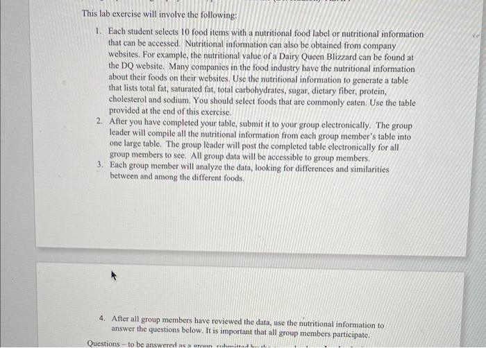 Solved This lab exercise will involve the following: 1. Each | Chegg.com