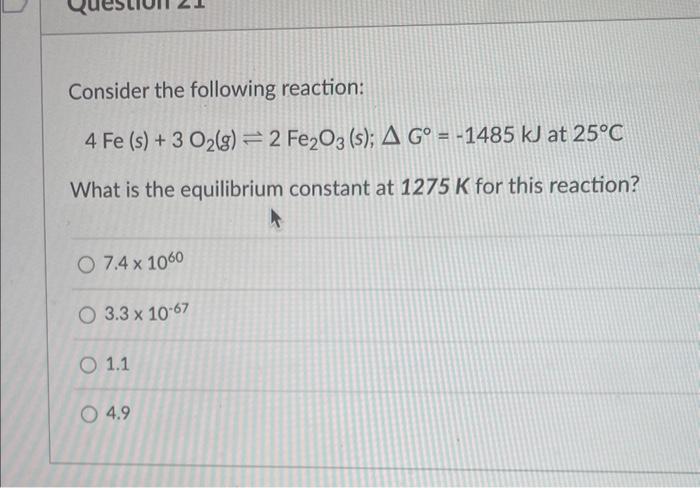 Solved Consider The Following Reaction 4fe S 3o2