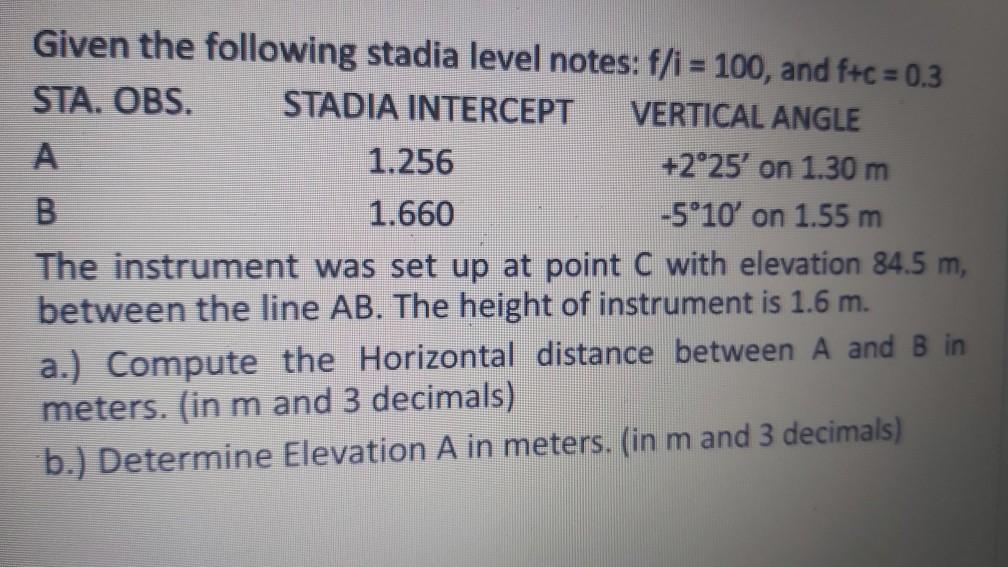 Solved Given the following stadia level notes: f/i = 100, | Chegg.com