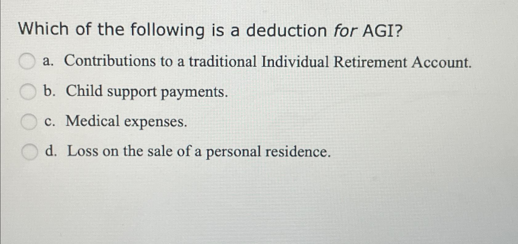 Solved Which of the following is a deduction for AGI?a. | Chegg.com