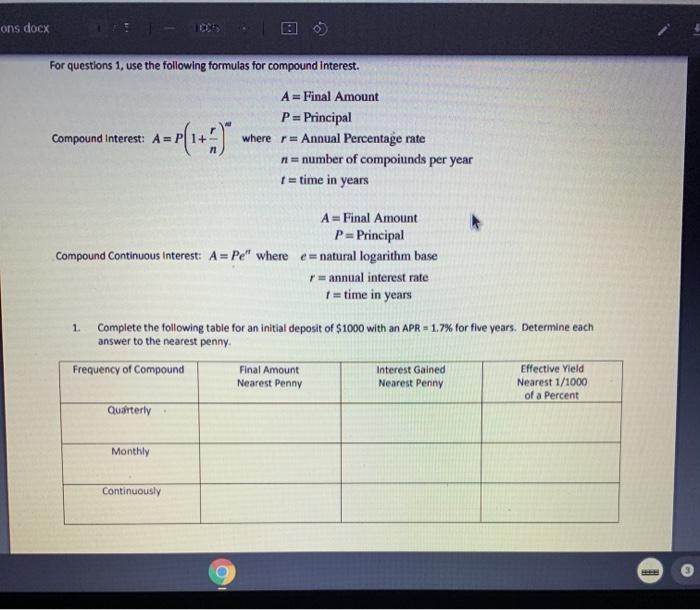 Solved ons docx For questions 1, use the following formulas | Chegg.com