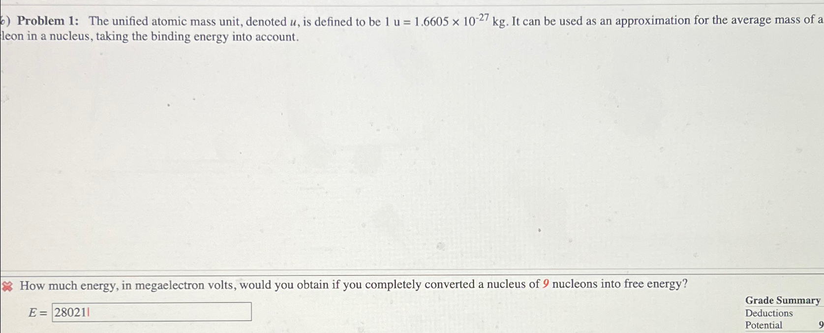 Solved Problem 1: The unified atomic mass unit, denoted u, | Chegg.com