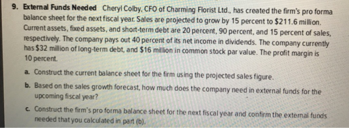 Solved 9. External Funds Needed Cheryl Colby, CFO of | Chegg.com