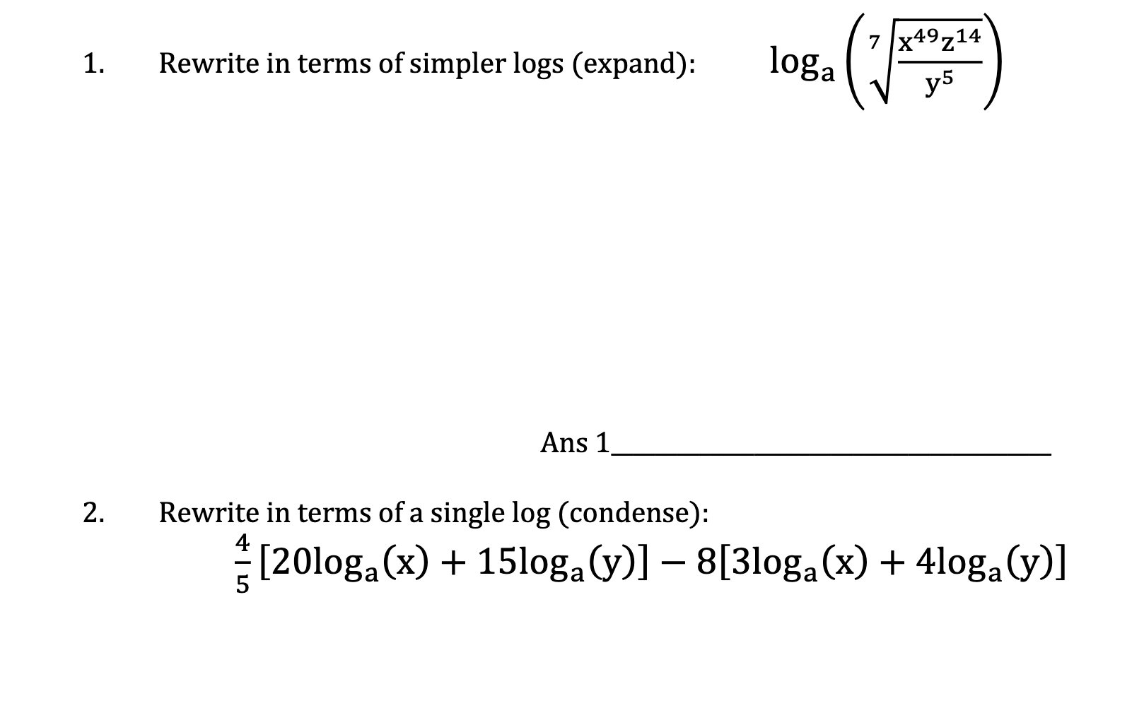 Rewrite in terms of simpler logs (expand): | Chegg.com