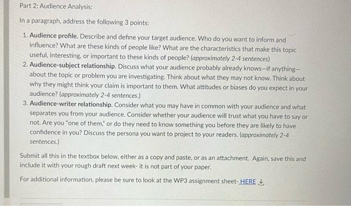 Solved Part 2: Audience Analysis: In a paragraph, address | Chegg.com