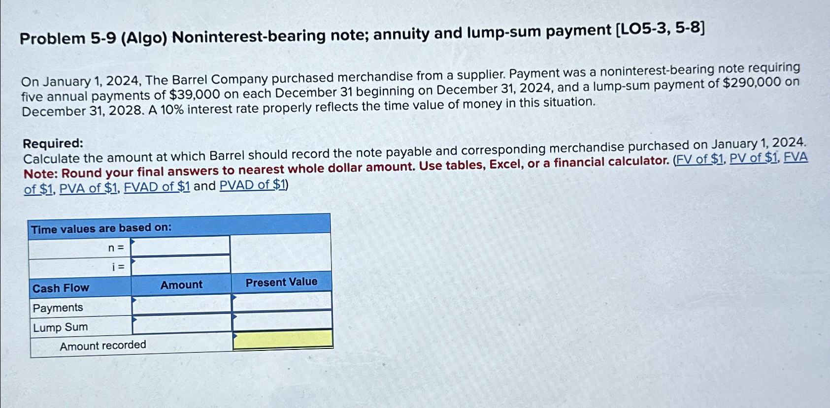Solved Problem 5-9 (Algo) ﻿Noninterest-bearing note; annuity | Chegg.com