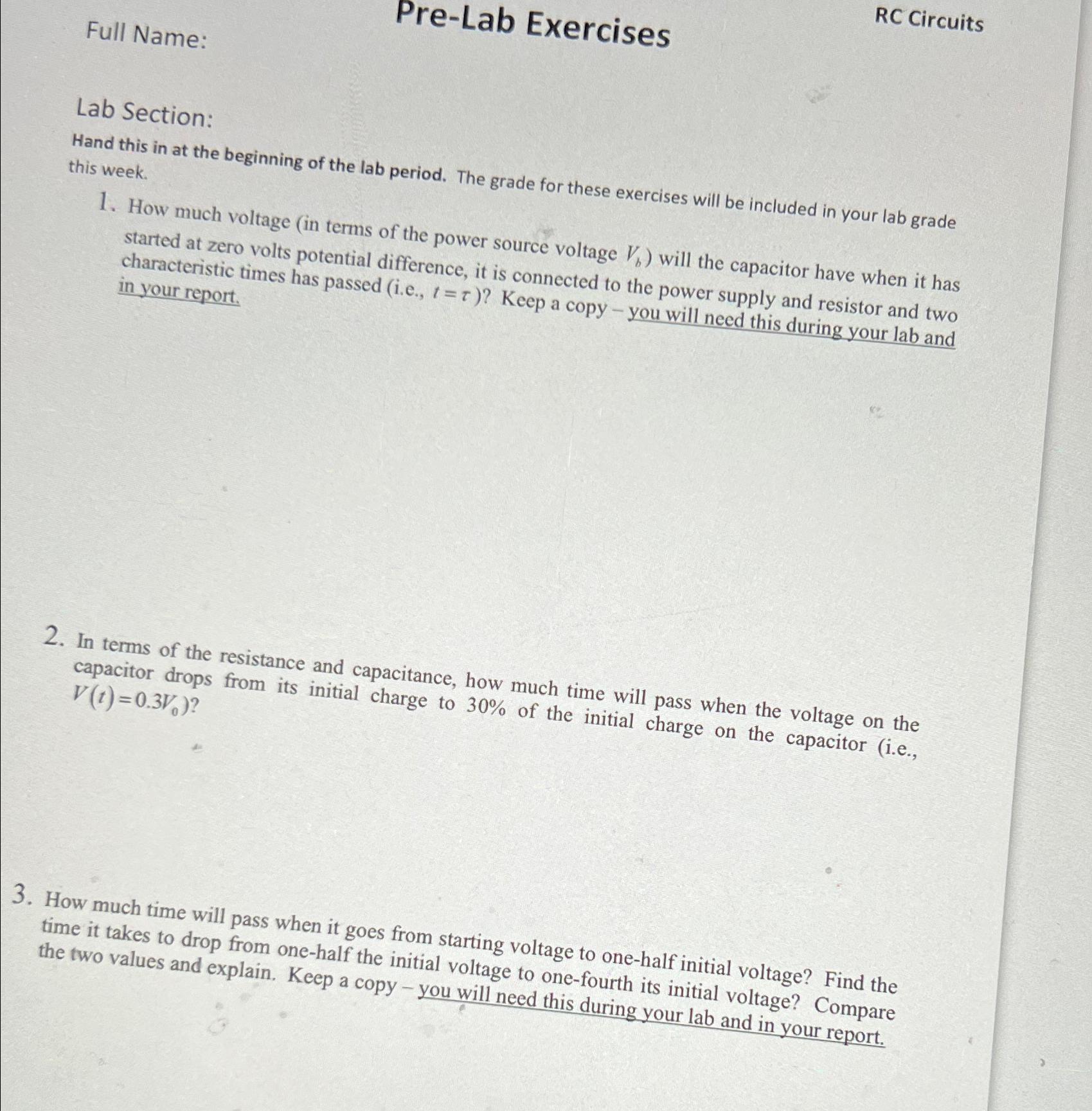 Solved Full Name:Pre-Lab ExercisesRC CircuitsLab | Chegg.com