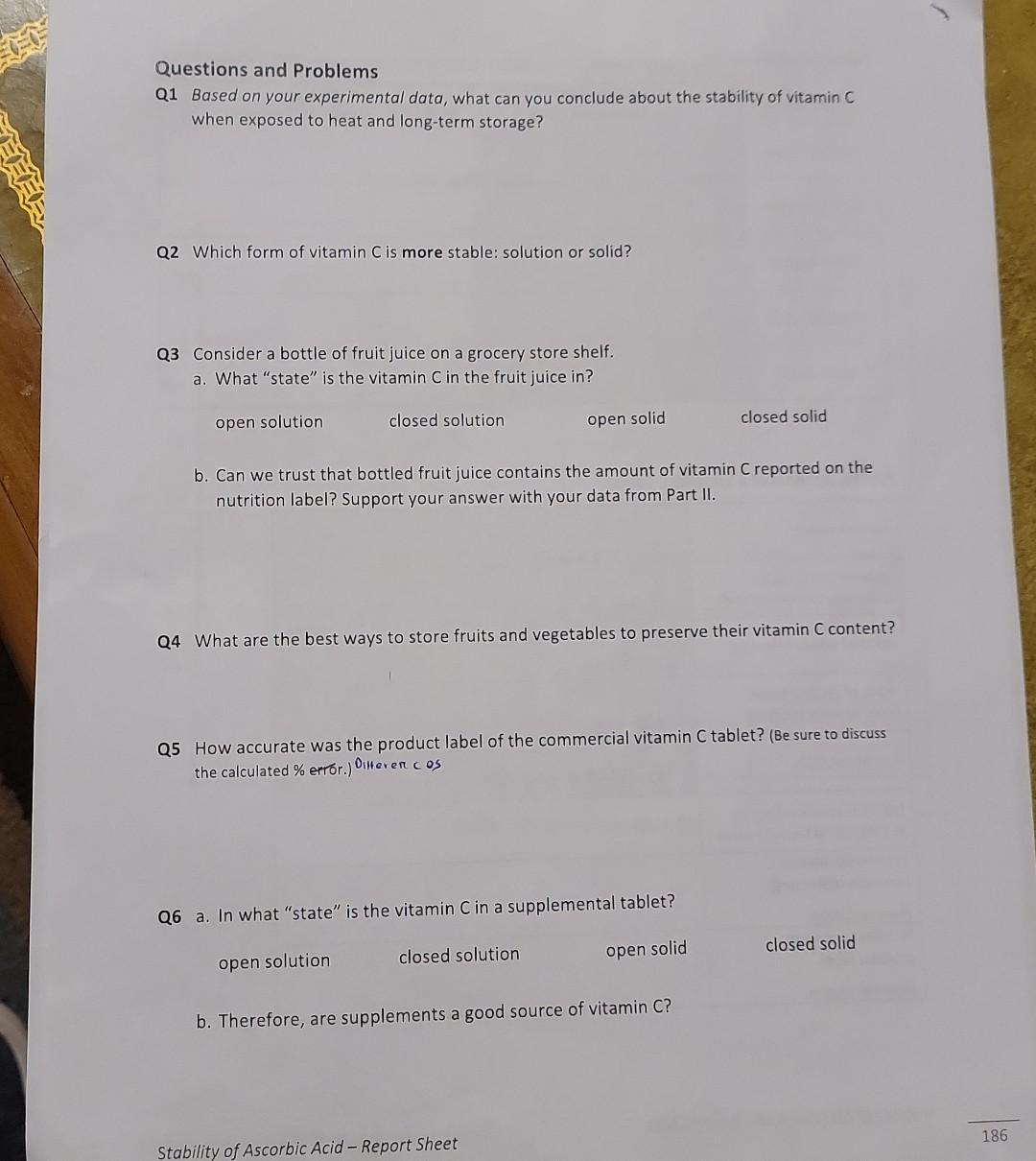 Questions and Problems Q1 Based on your experimental | Chegg.com