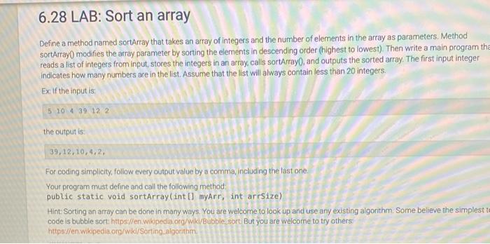 Solved Define a method named sortArray that takes an array | Chegg.com
