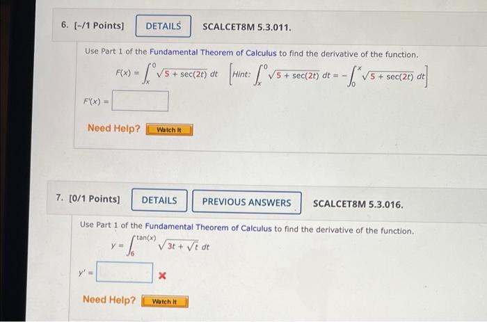 Solved 6. (-/1 Points) DETAILS SCALCET8M 5.3.011. Use Part 1 | Chegg.com