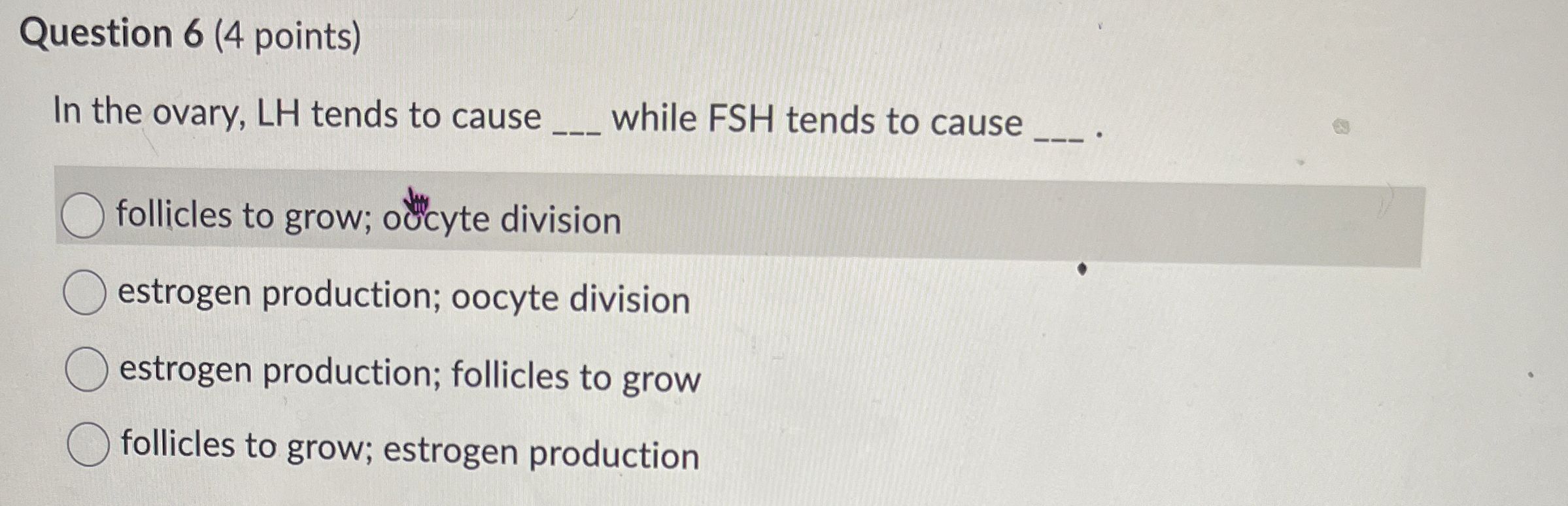 Solved Question 6 (4 ﻿points)In the ovary, LH tends to cause | Chegg.com
