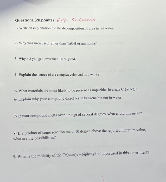 Solved Questions (20 points) E×p.cr(acac)3 1-Write an | Chegg.com