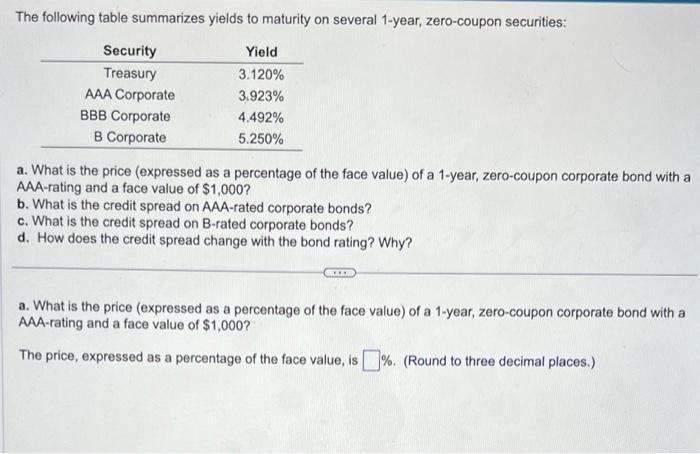 Solved The following table summarizes yields to maturity on | Chegg.com