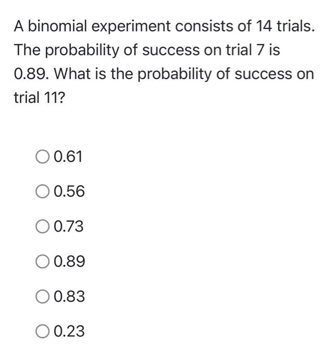 Solved A binomial experiment consists of 14 trials. The | Chegg.com