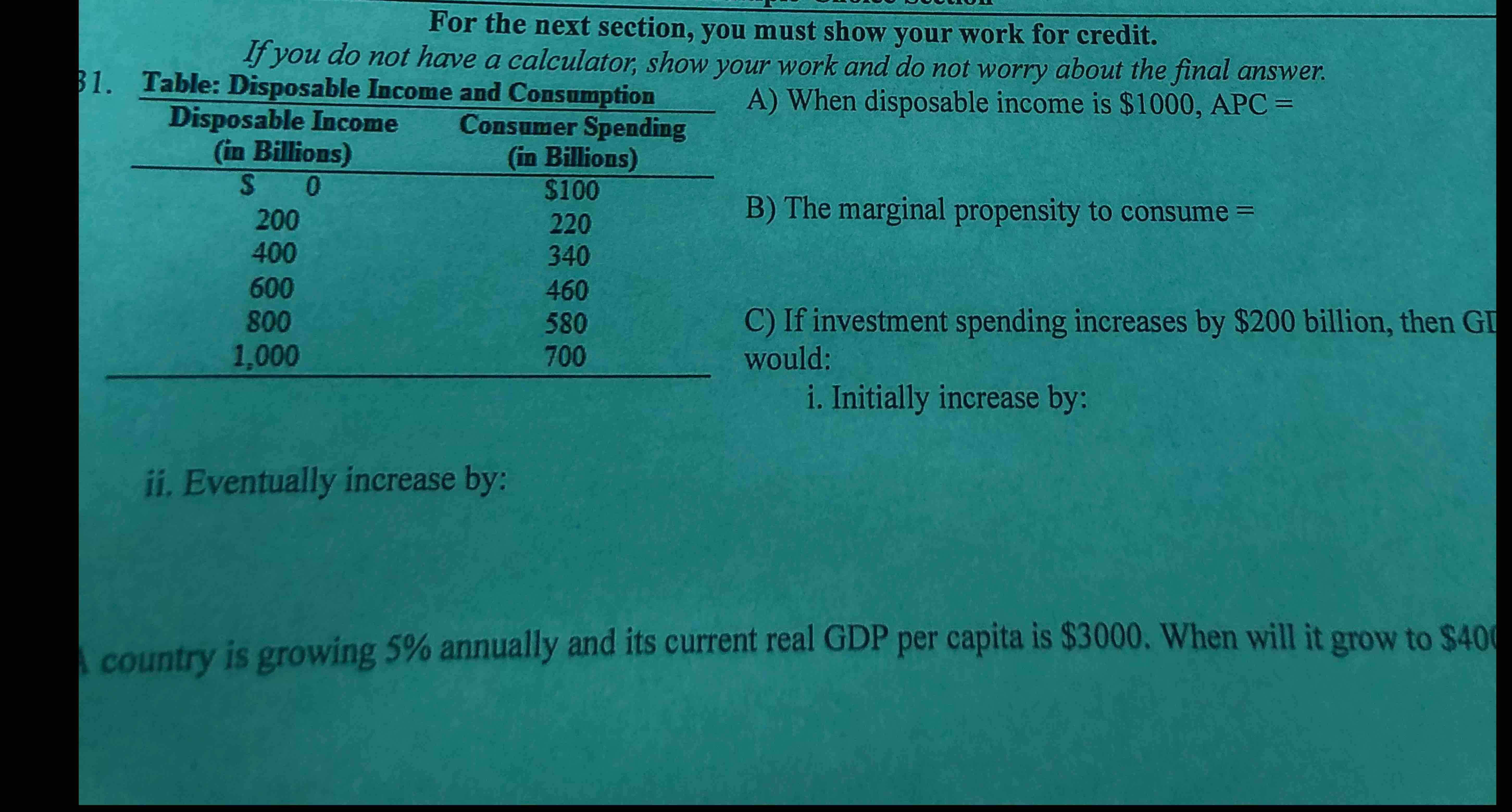 Solved Table: Disposable Income and ConsumptionA) ﻿When | Chegg.com