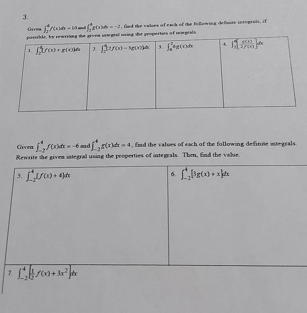 Solved 3. Given ∫26f(x)dx=10 and ∫26g(x)dx=−2, find the | Chegg.com