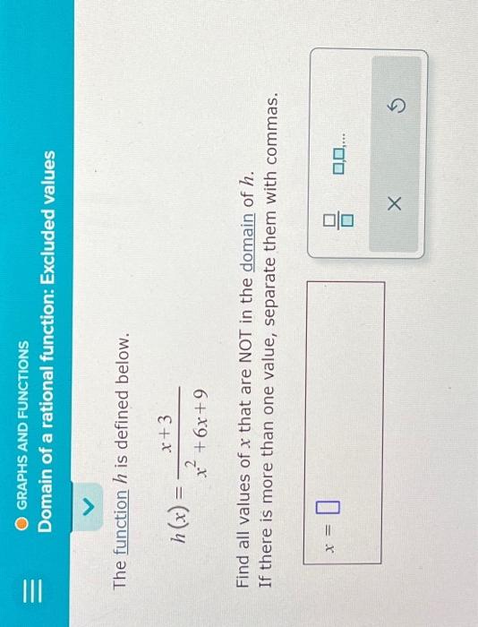 Solved The function h is defined below. h(x)=x2+6x+9x+3 Find | Chegg.com