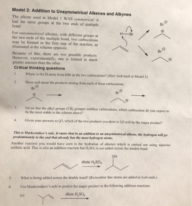 Solved Model 2: Addition to Unsymmetrical Alkenes and | Chegg.com